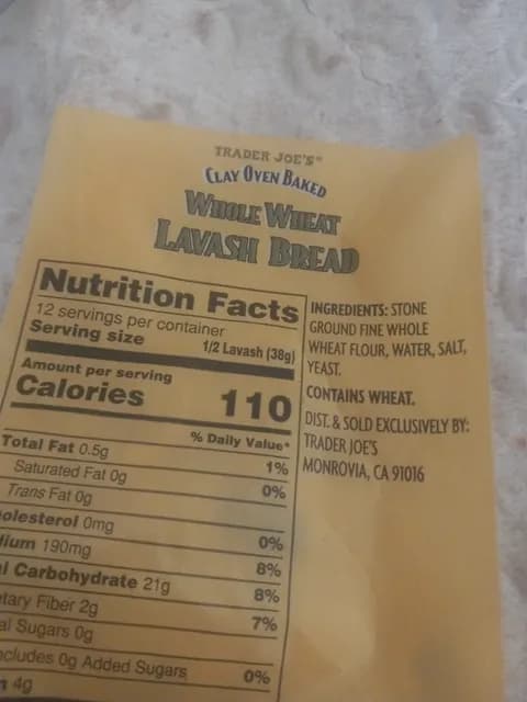 Trader Joe's Clay Oven Baked Whole Wheat Lavash Bread